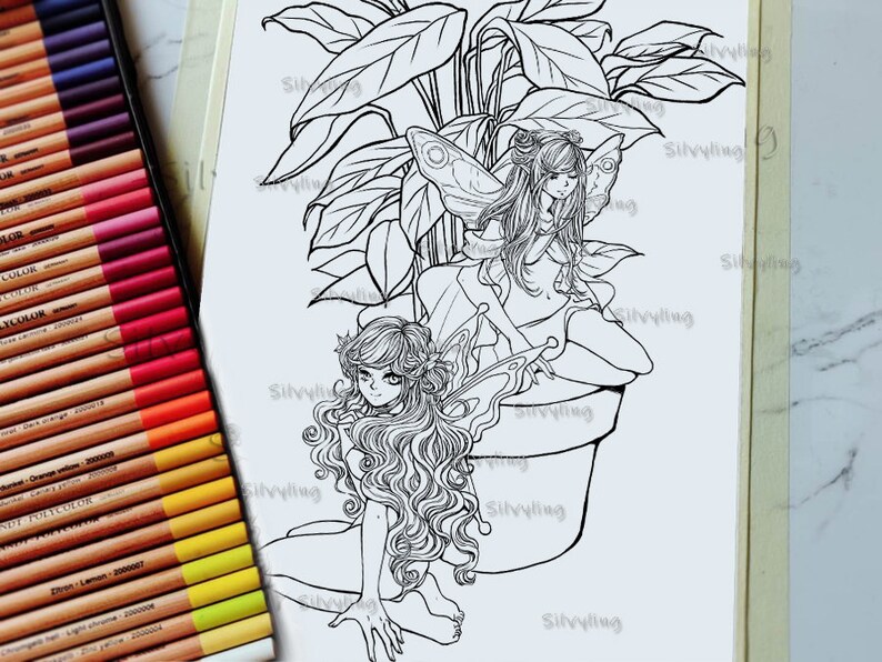Plant Fairy Fairies Girl Colouring Page Lineart and Greyscale Digital ...