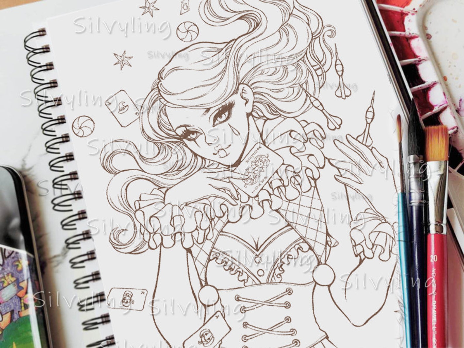 Halloween Clown Girl Colouring Page Lineart and Greyscale Digital Stamp ...