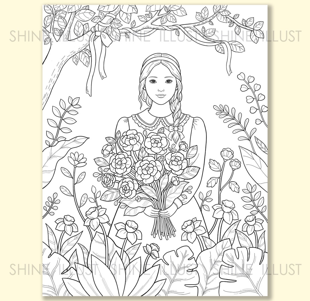 Printable Coloring Page, Girl With Flowers, Coloring Sheet, Coloring ...