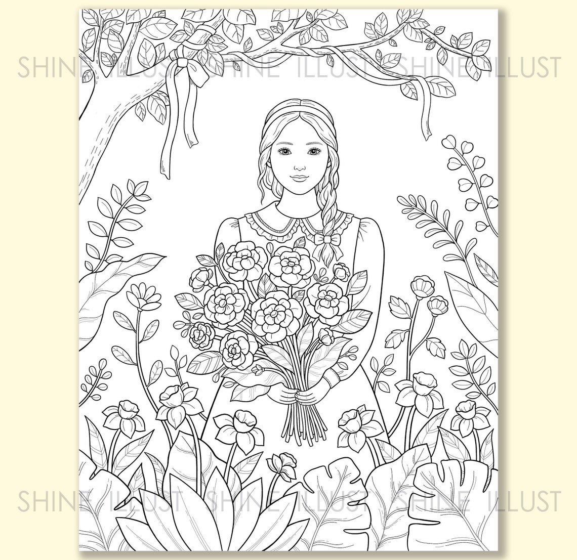 Printable Coloring Page, Girl With Flowers, Coloring Sheet, Coloring ...