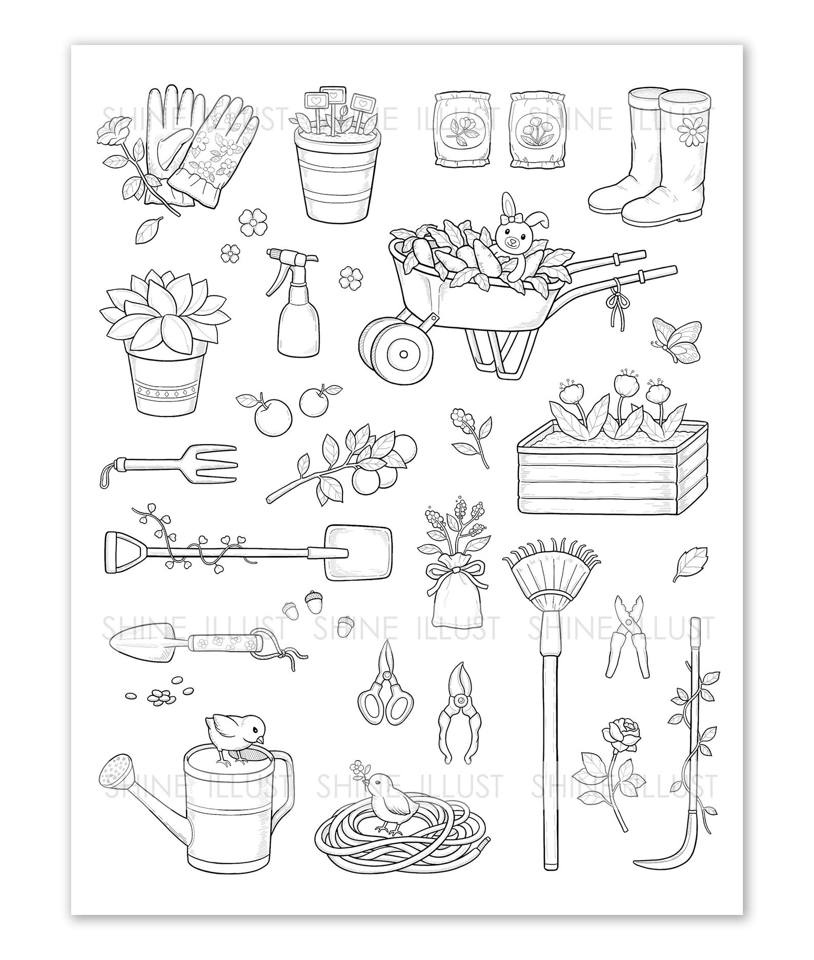 Gardening Coloring, Printable Coloring Page, Rabbit, Butterfly, Flower ...