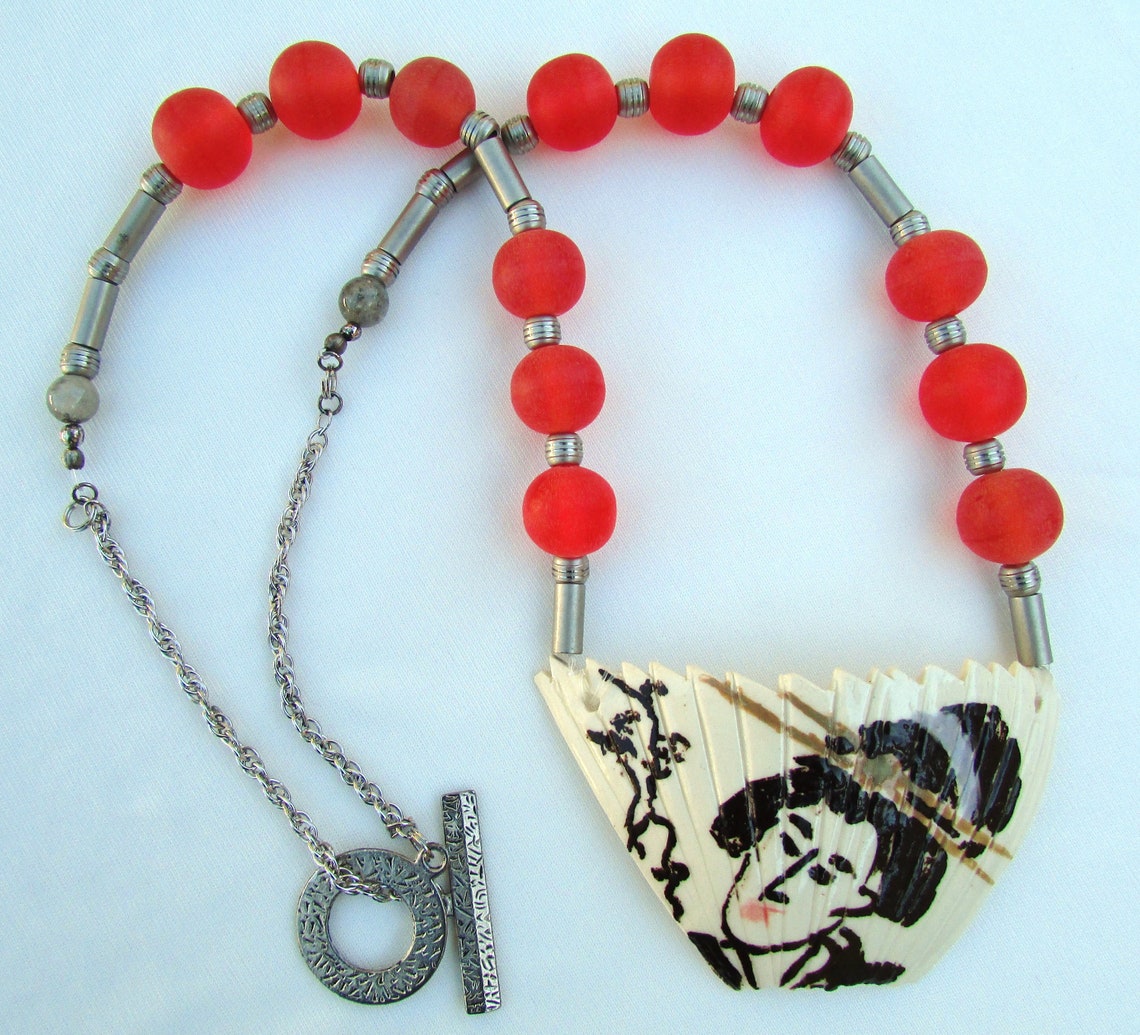 Geisha Necklace, Asian Style Jewelry, Ceramic Pendant, Beaded Jewelry ...