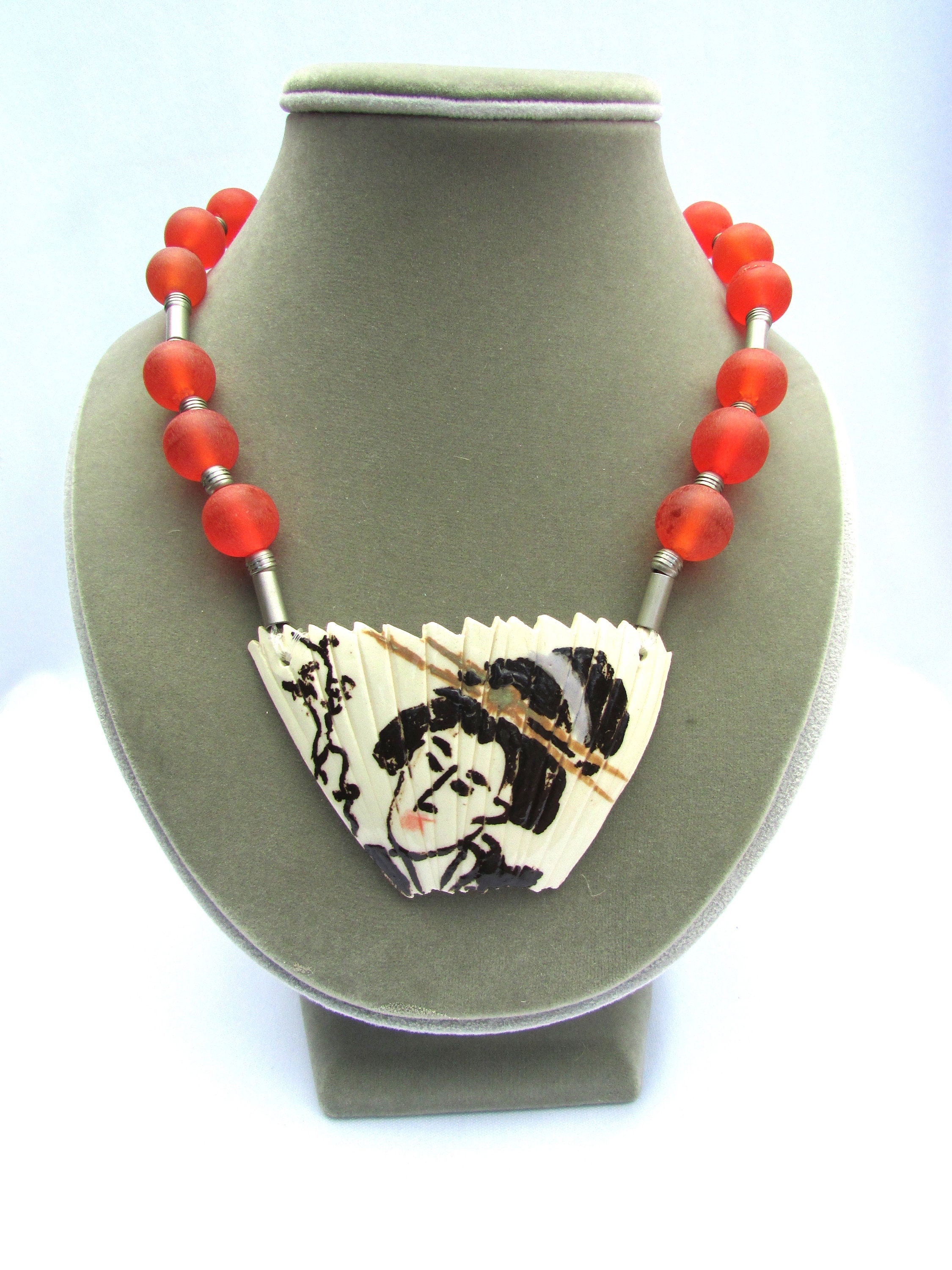 Geisha Necklace, Asian Style Jewelry, Ceramic Pendant, Beaded Jewelry ...