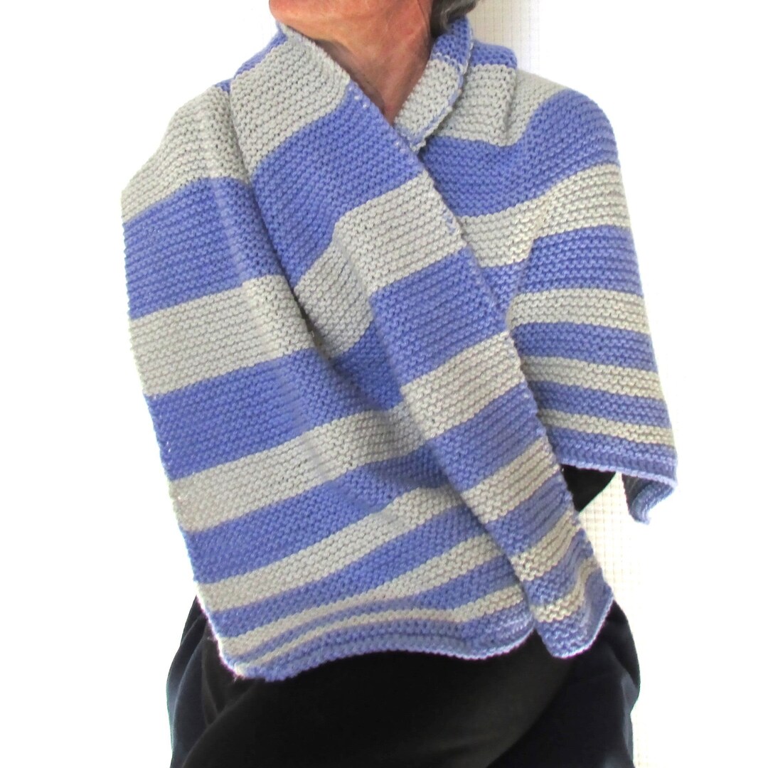 Unisex Shawl, Bold Stripe Shawl, 52" Hand Knit Shawl, Blue & Grey Shawl ...