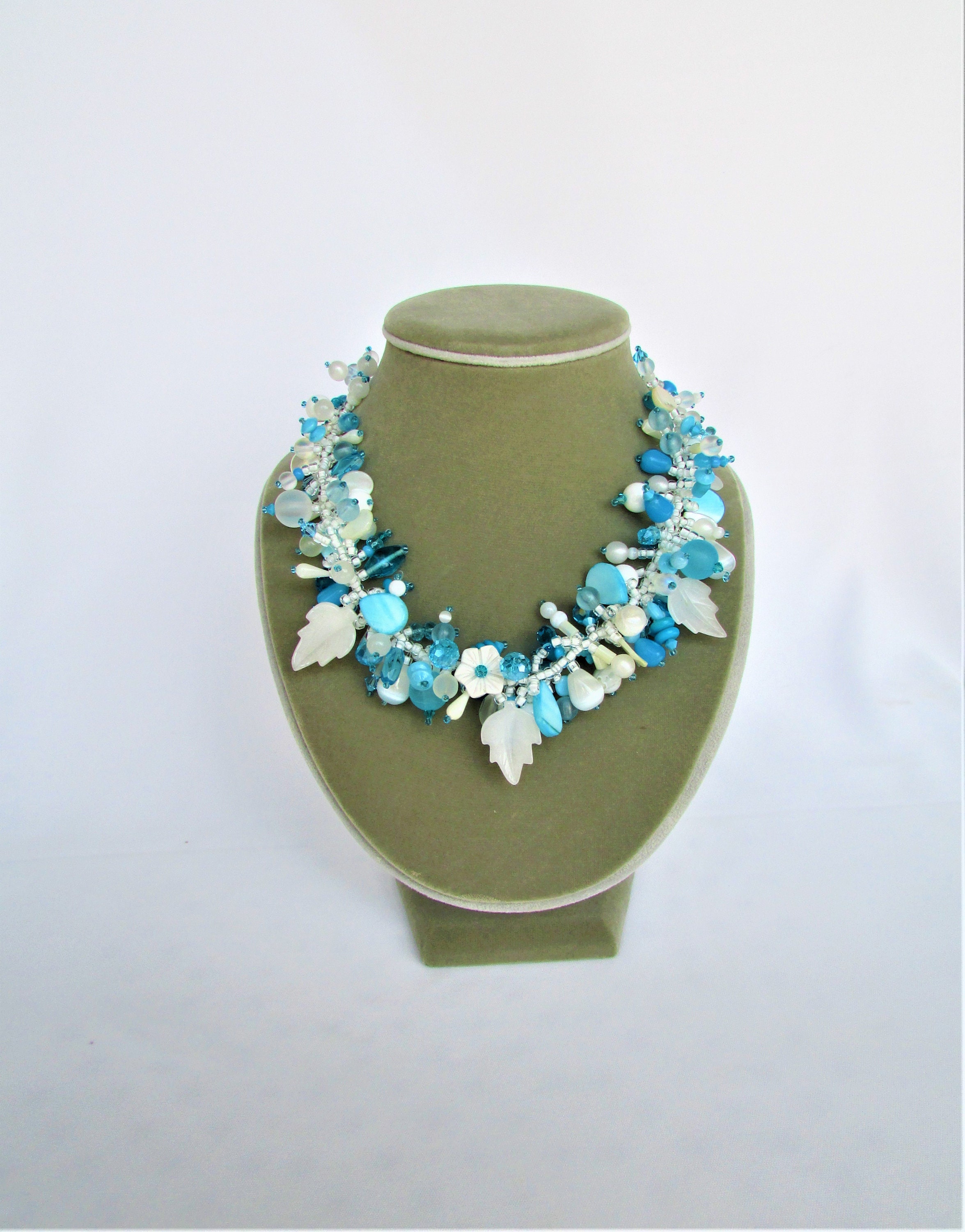 Aqua & White Necklace, Petite Boa Necklace, Beaded Jewelry, Wearable ...