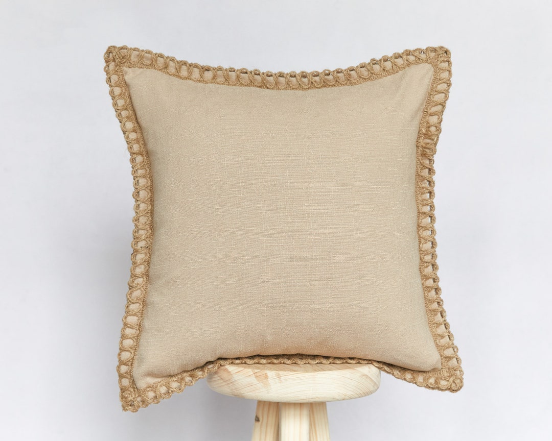 Natural Light Brown Linen Blend Cushion Cover With Jute Edging ...