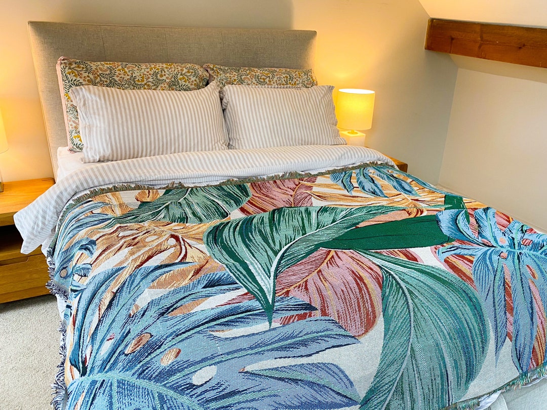 Tropical Leaf Woven Throw Blanket | Palm Picnic Blanket | Blue Green ...