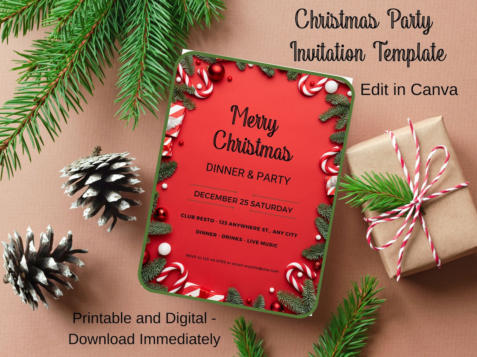 Christmas Party Invitation Editable Template - Printable Holiday Party ...