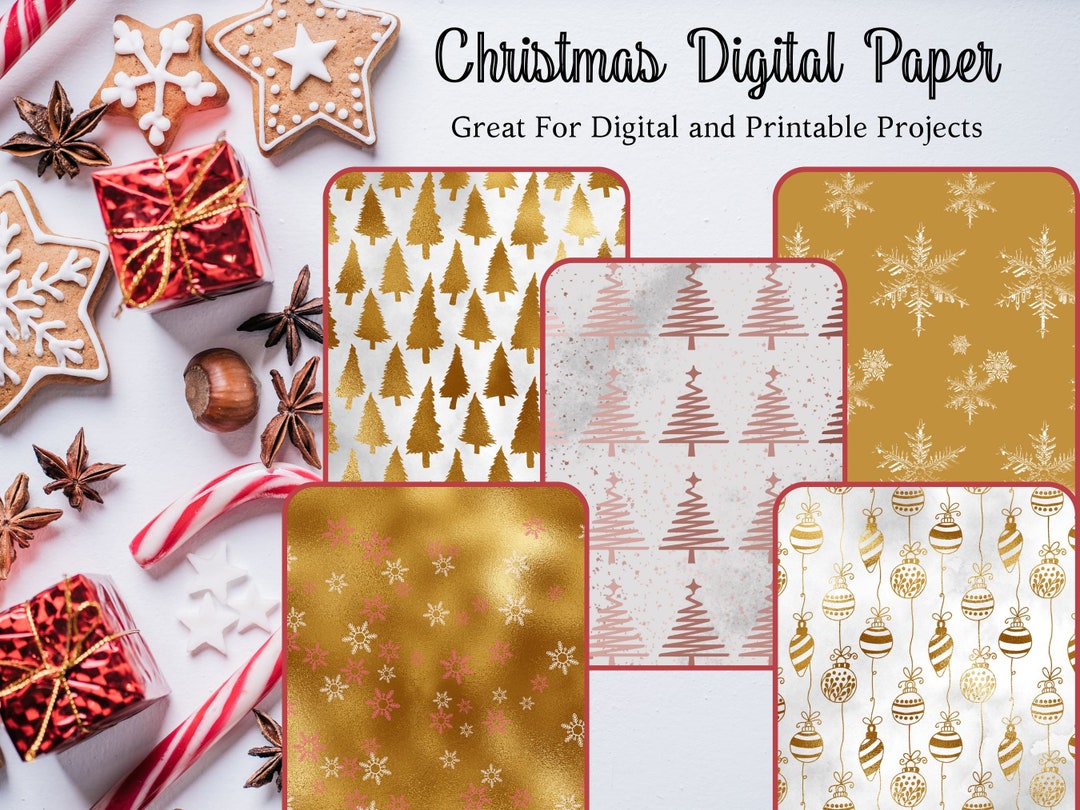 Christmas Digital Paper Gold and Pink; 10 Christmas Patterns in PNG and ...