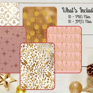Christmas Digital Paper Gold and Pink; 10 Christmas Patterns in PNG and ...