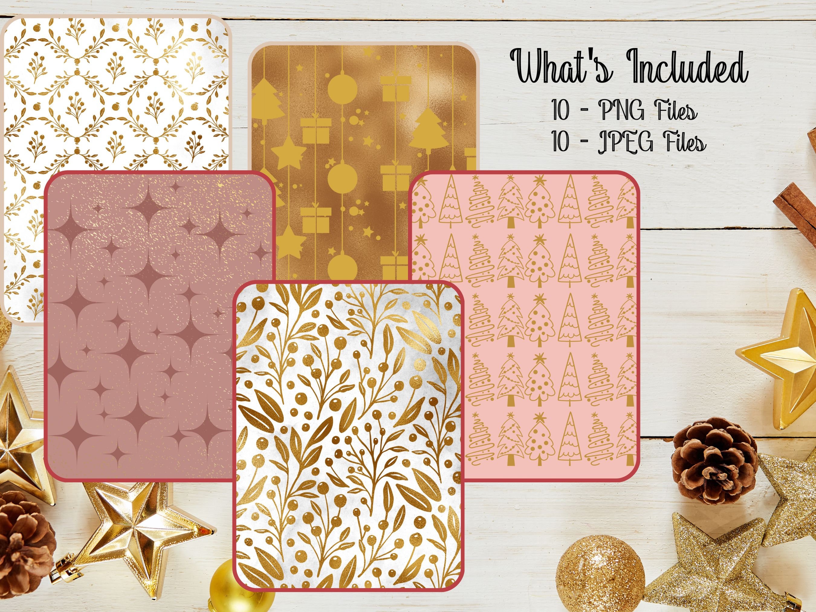 Christmas Digital Paper Gold and Pink; 10 Christmas Patterns in PNG and ...