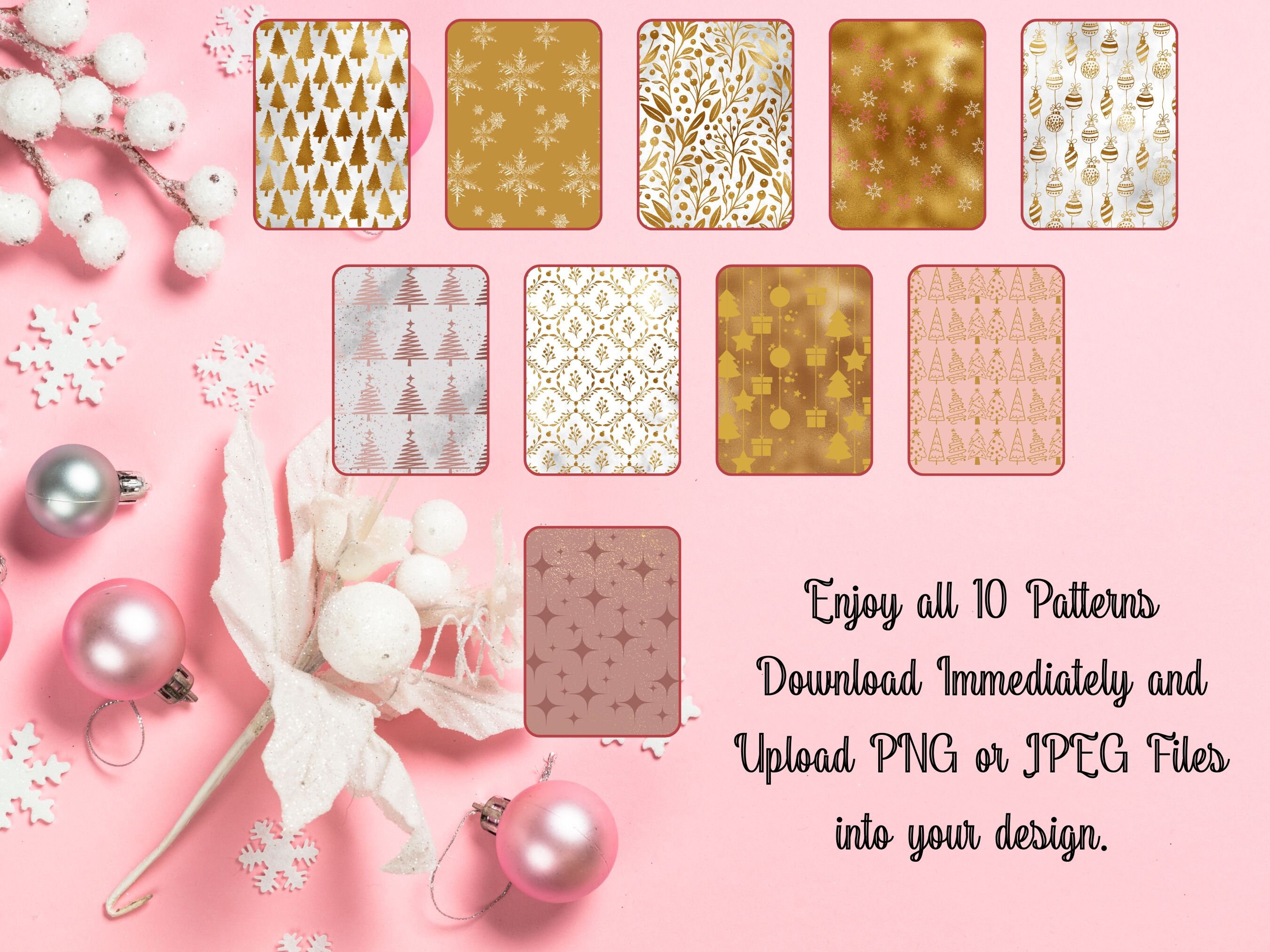 Christmas Digital Paper Gold and Pink; 10 Christmas Patterns in PNG and ...