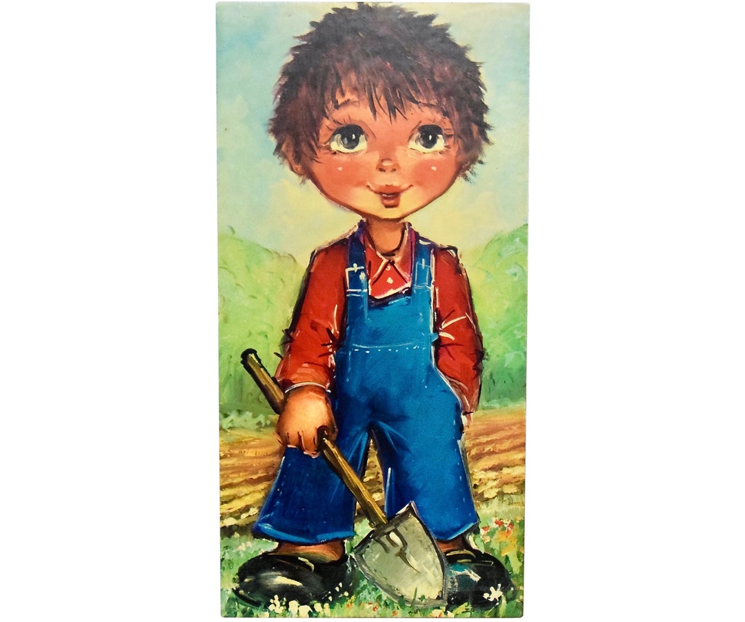 VTG French Sweet Big Eyed boy in Garden Scene Big Eyed Children Big ...