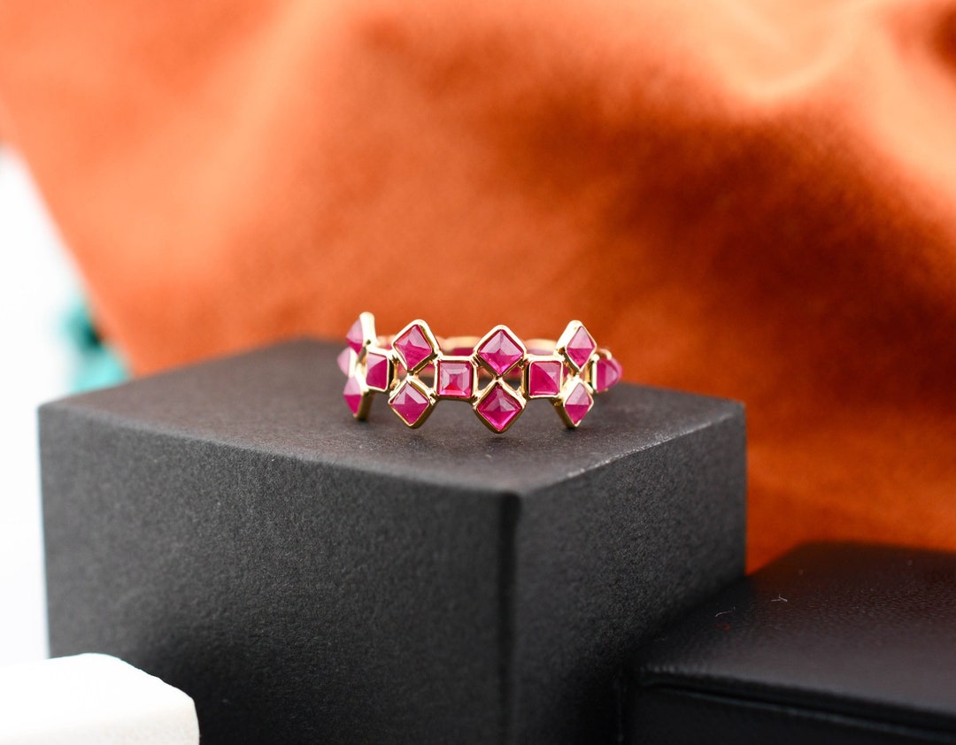 14k Solid Gold Ruby Ring: Square Gemstone Anniversary Jewelry - Etsy