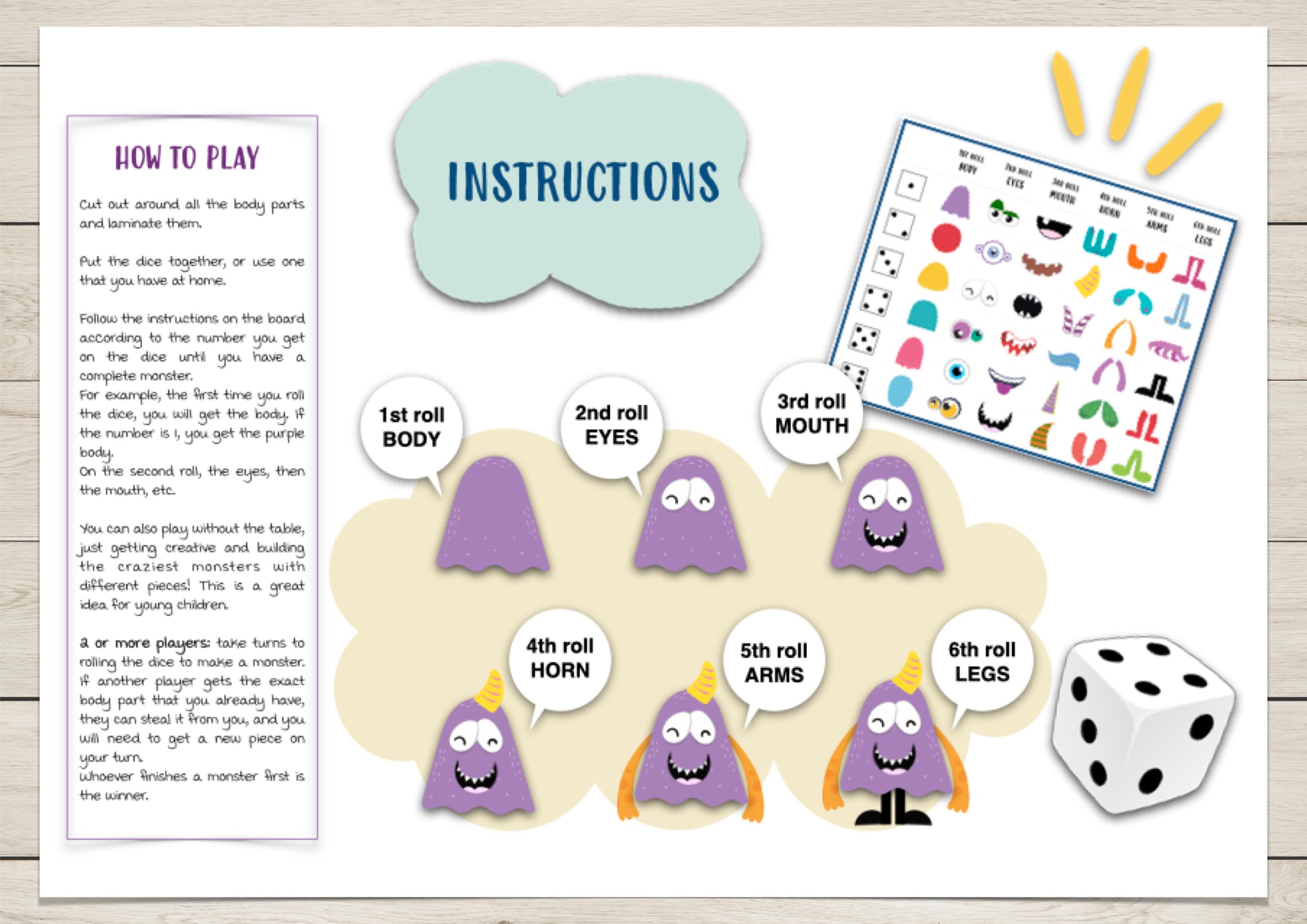 Roll a Monster Game: Printable Dice Activity (digital Download) - Etsy