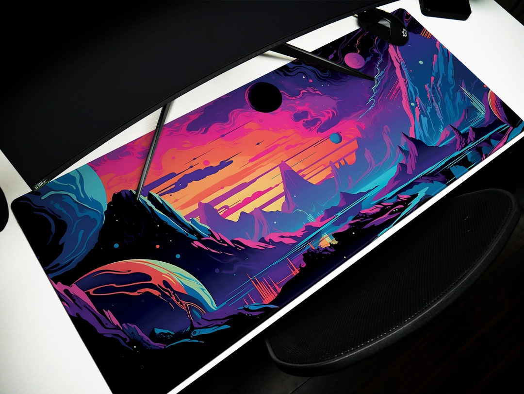 Alien Skyline Desk Mat: Vibrant Vector Illustration, Extended Mouse Pad ...