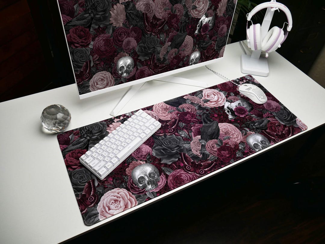 Gothic Floral Skull Mouse Pad: Burgundy Desk Mat for Gamers - Etsy
