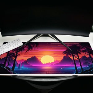 Synthwave Sunset Mouse Pad & Desk Mat, Retro Poster Art, Vibrant Colors ...
