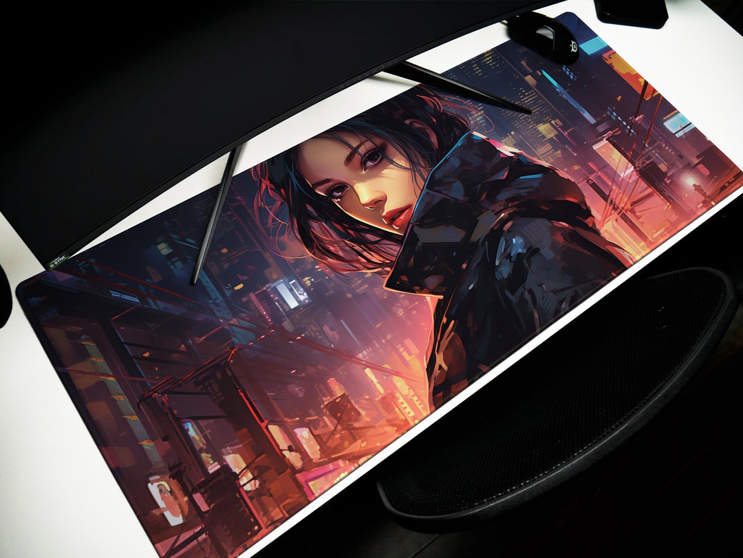 Cyberpunk Dreamer Desk Pad, Mouse Pad, Desk Mat, Neon City Illumination ...