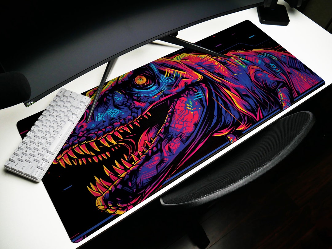 Neon T-rex, Mouse Pad, Desk Mat, Desk Pad: Futuristic Digital Art ...