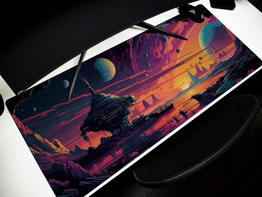 Retro Alien Planet Mouse Pad: Neon Pink Sunrise Desk Mat - Etsy