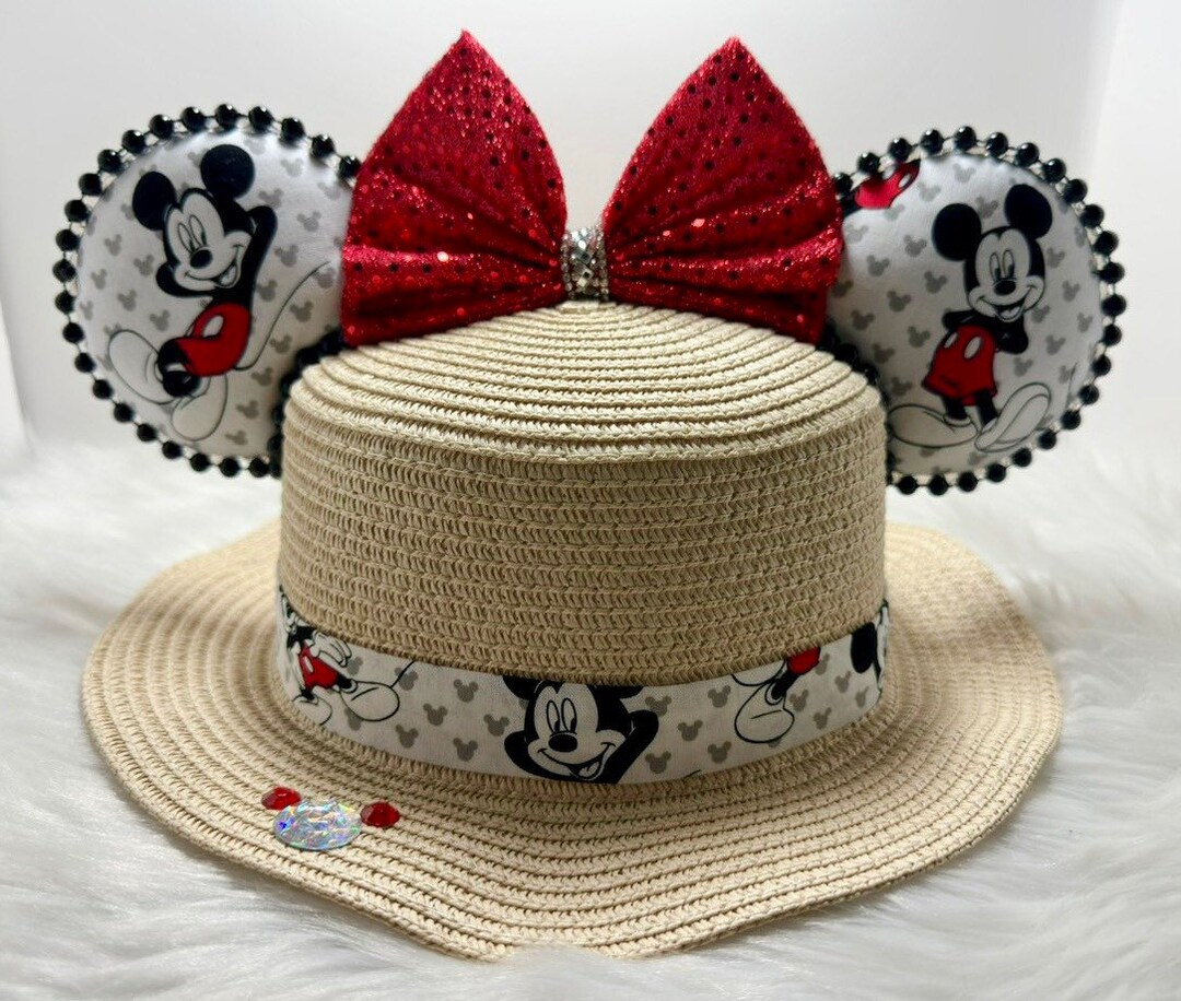 Inspired Vintage Mickey Minnie Mouse Straw Hat, Sun Hat Mouse Ears OR ...