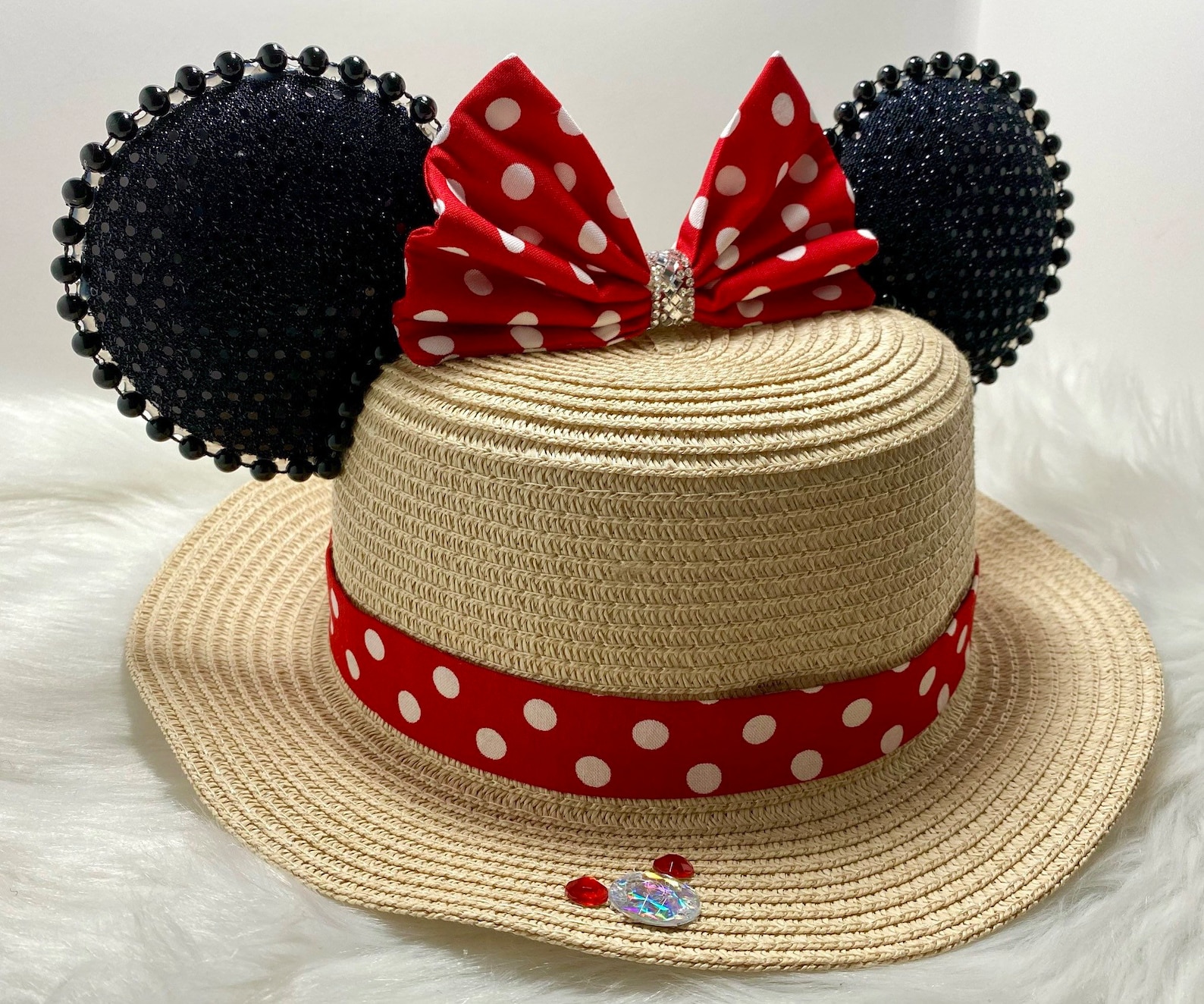 Inspired Classic Minnie Mouse Straw Hat, Sun Hat Mouse Ears OR With ...