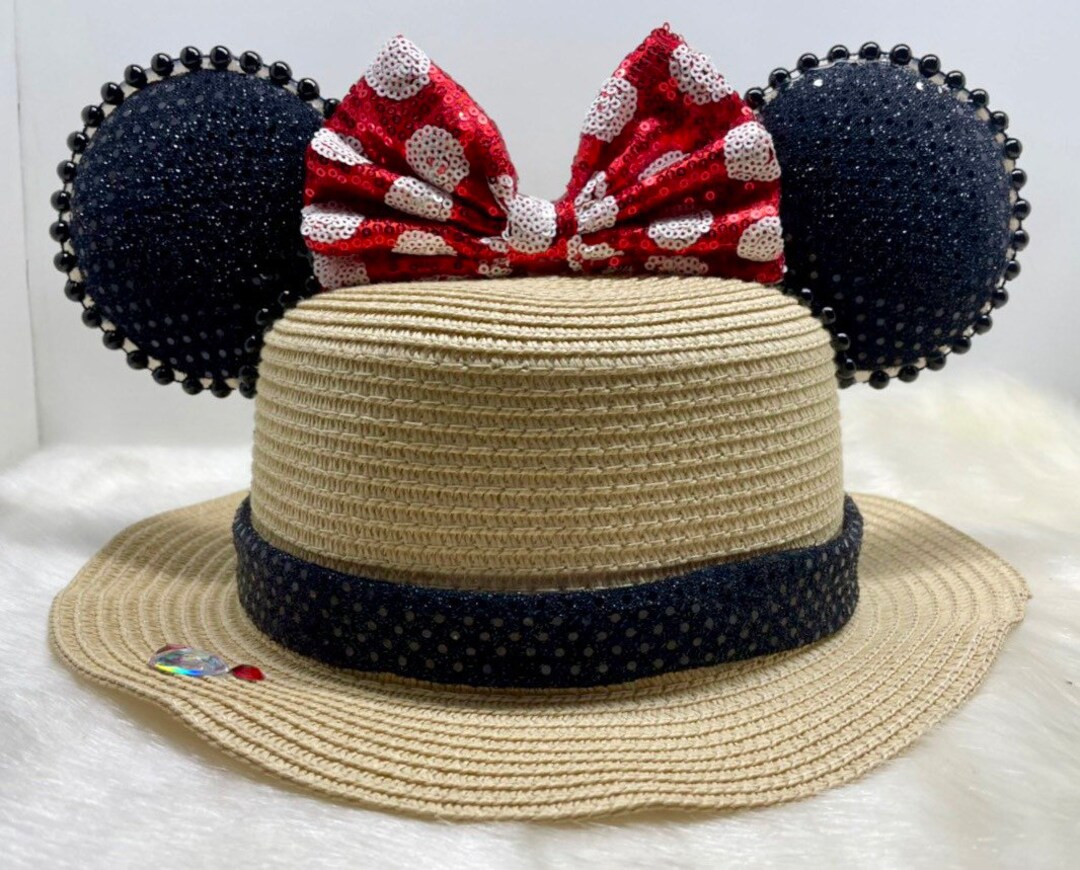 Inspired Classic Minnie Mouse Straw Hat, Sun Hat Mouse Ears OR With ...