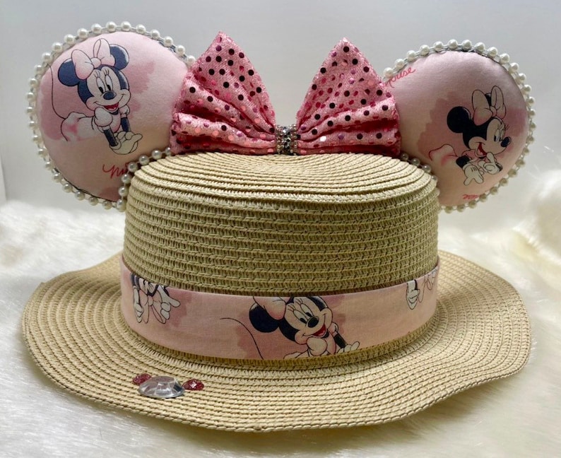 Inspired Pretty in Pink Minnie Mouse Mouse Straw Sun Hat Ears OR With ...
