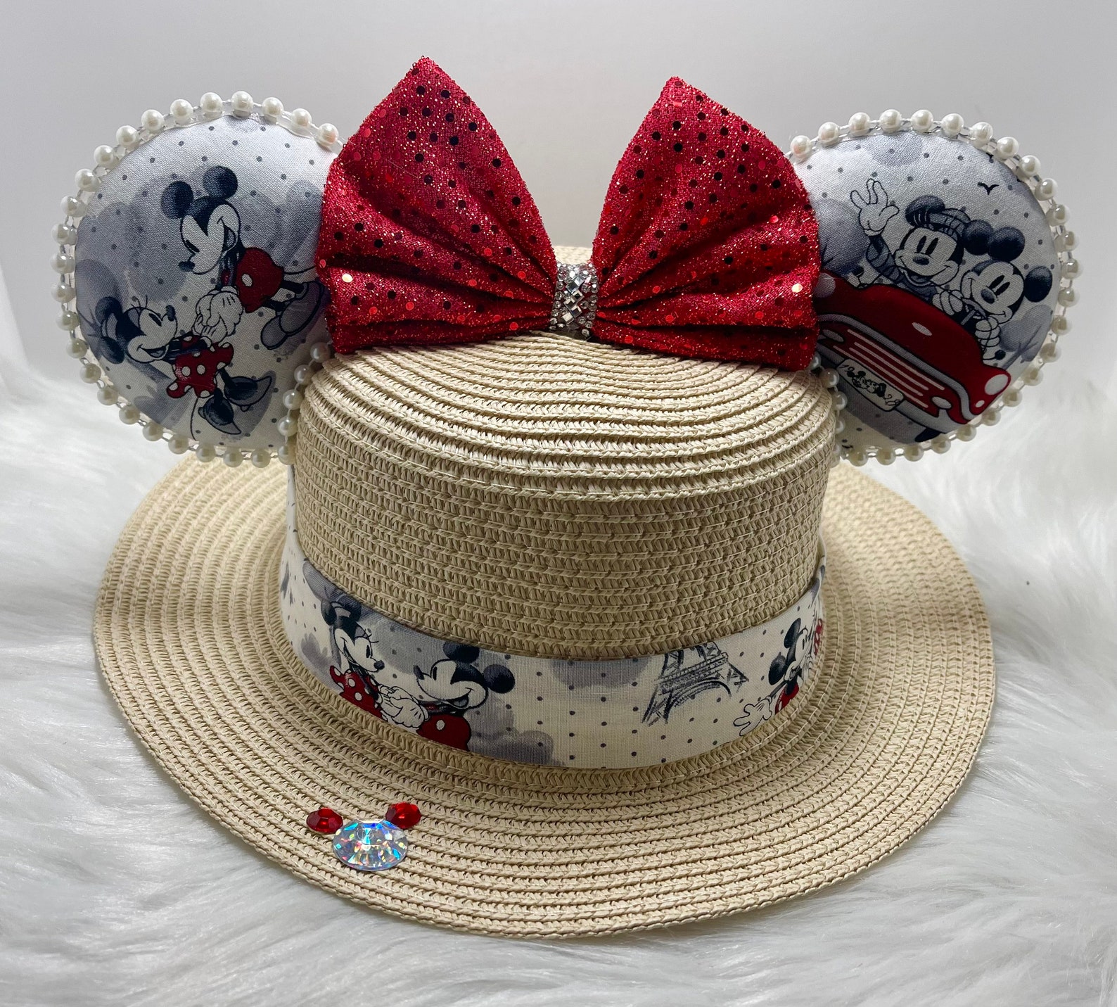 Inspired Vintage Mickey Minnie Mouse Straw Hat, Sun Hat Mouse Ears OR ...