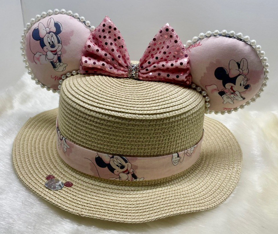 Inspired Pretty in Pink Minnie Mouse Mouse Straw Sun Hat Ears OR With ...