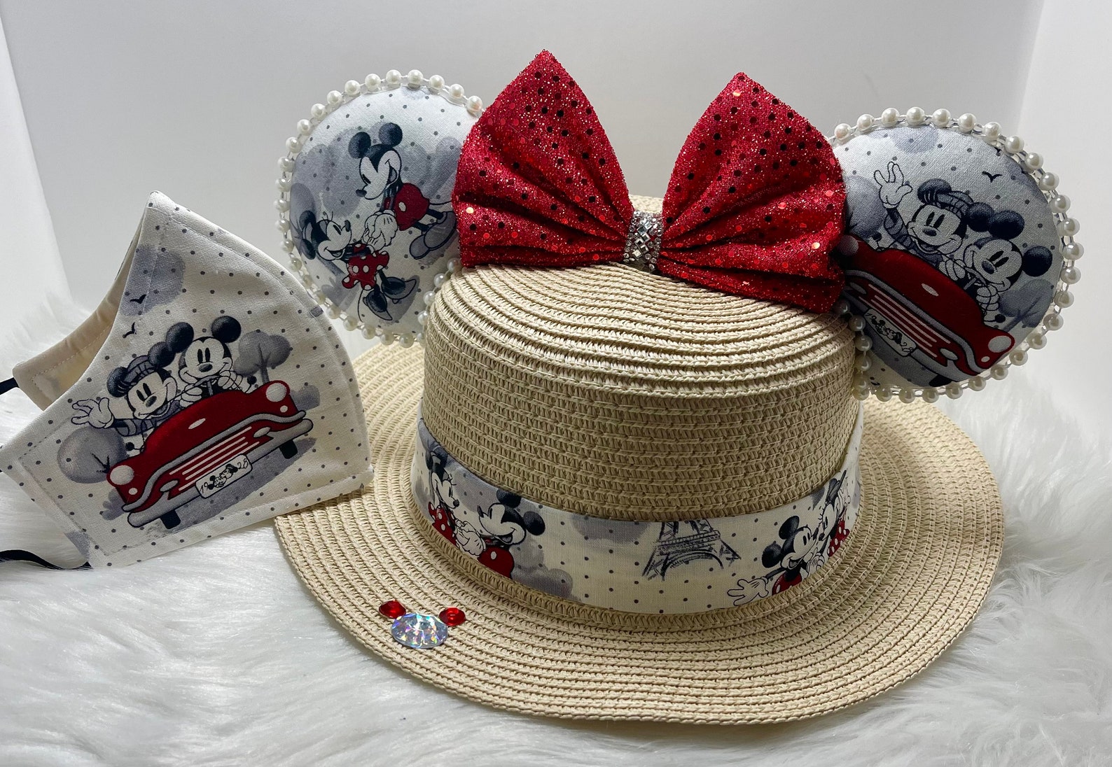 Inspired Vintage Mickey Minnie Mouse Straw Hat, Sun Hat Mouse Ears OR ...