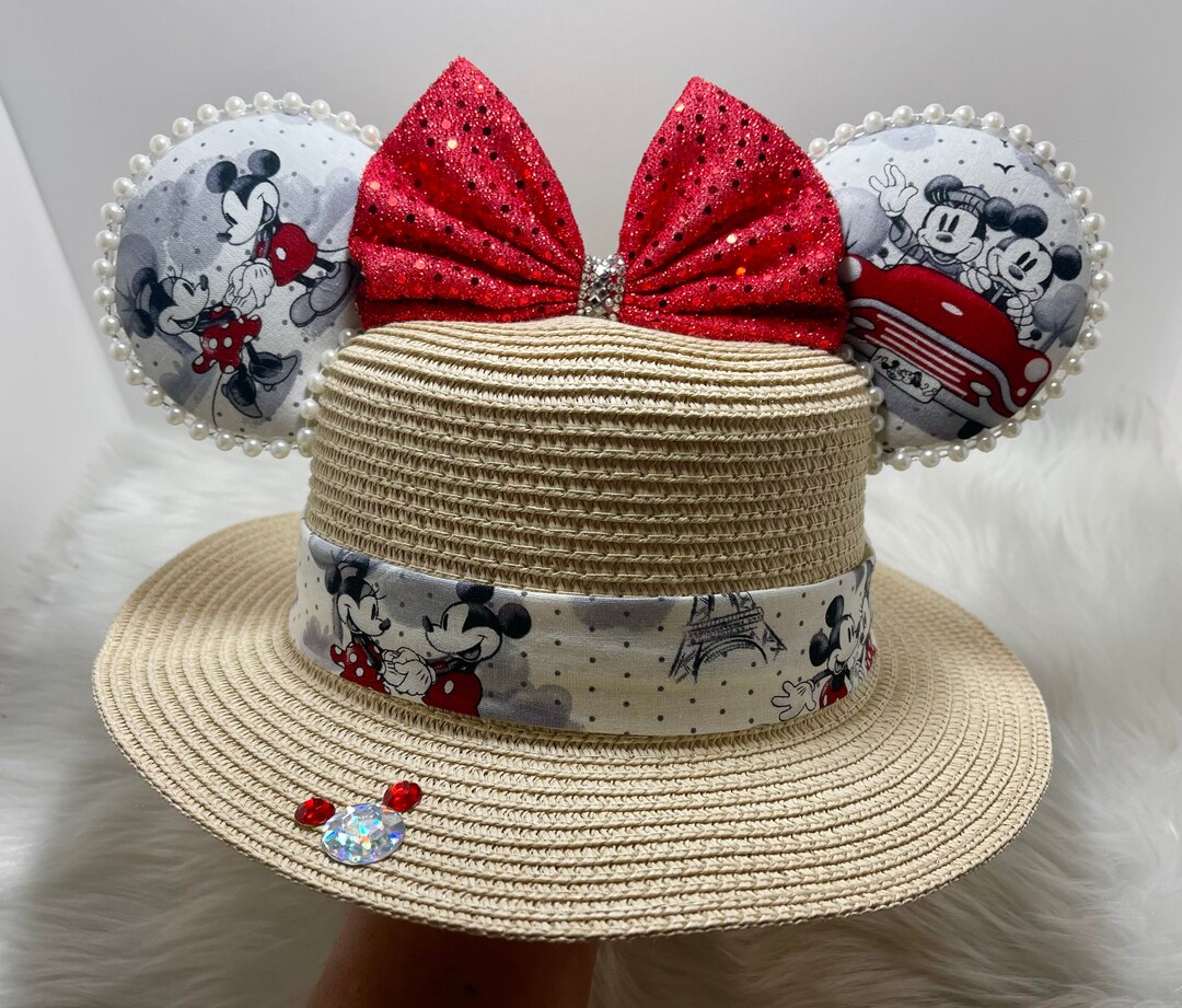 Inspired Vintage Mickey Minnie Mouse Straw Hat, Sun Hat Mouse Ears OR ...