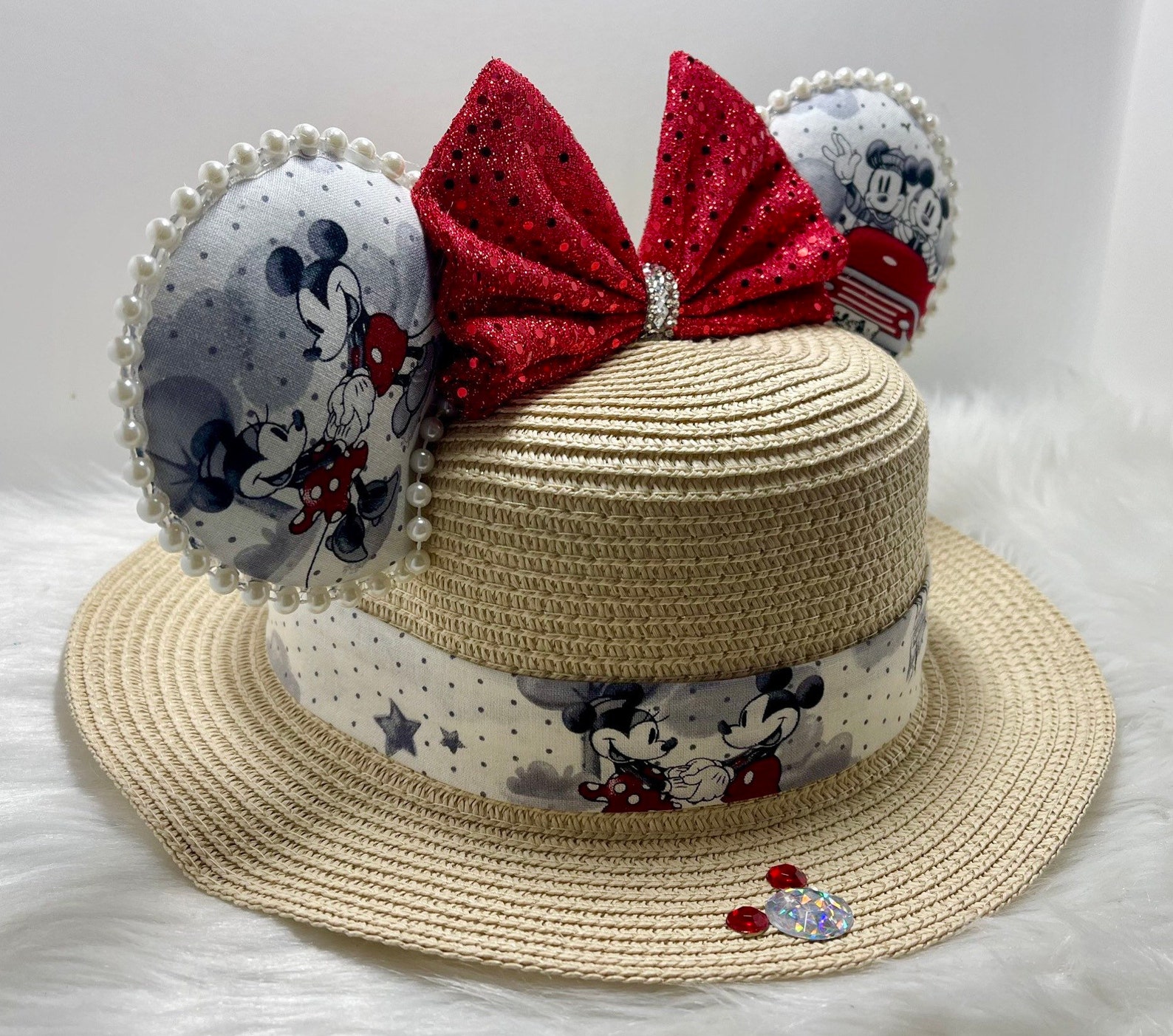 Inspired Vintage Mickey Minnie Mouse Straw Hat, Sun Hat Mouse Ears OR ...