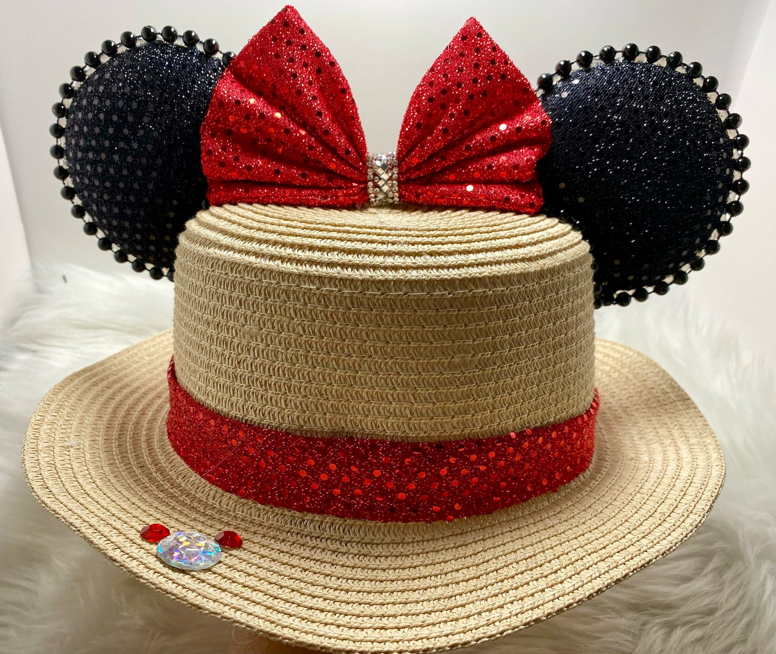 Inspired Classic Minnie Mouse Straw Hat, Sun Hat Mouse Ears OR With ...