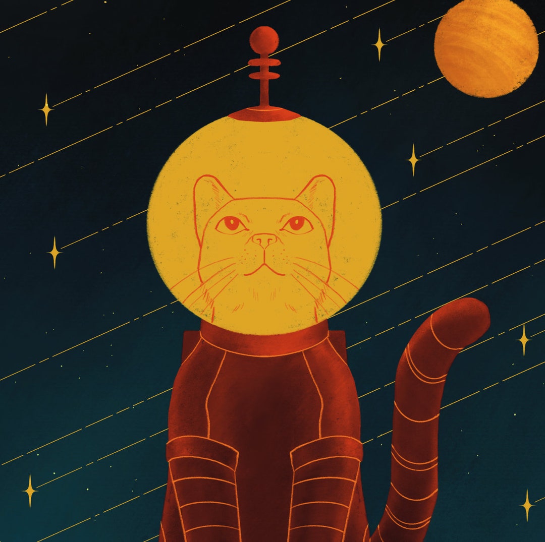 Original Retro Space Cat Sci-fi Cosmonaut Solar System Art Print ...