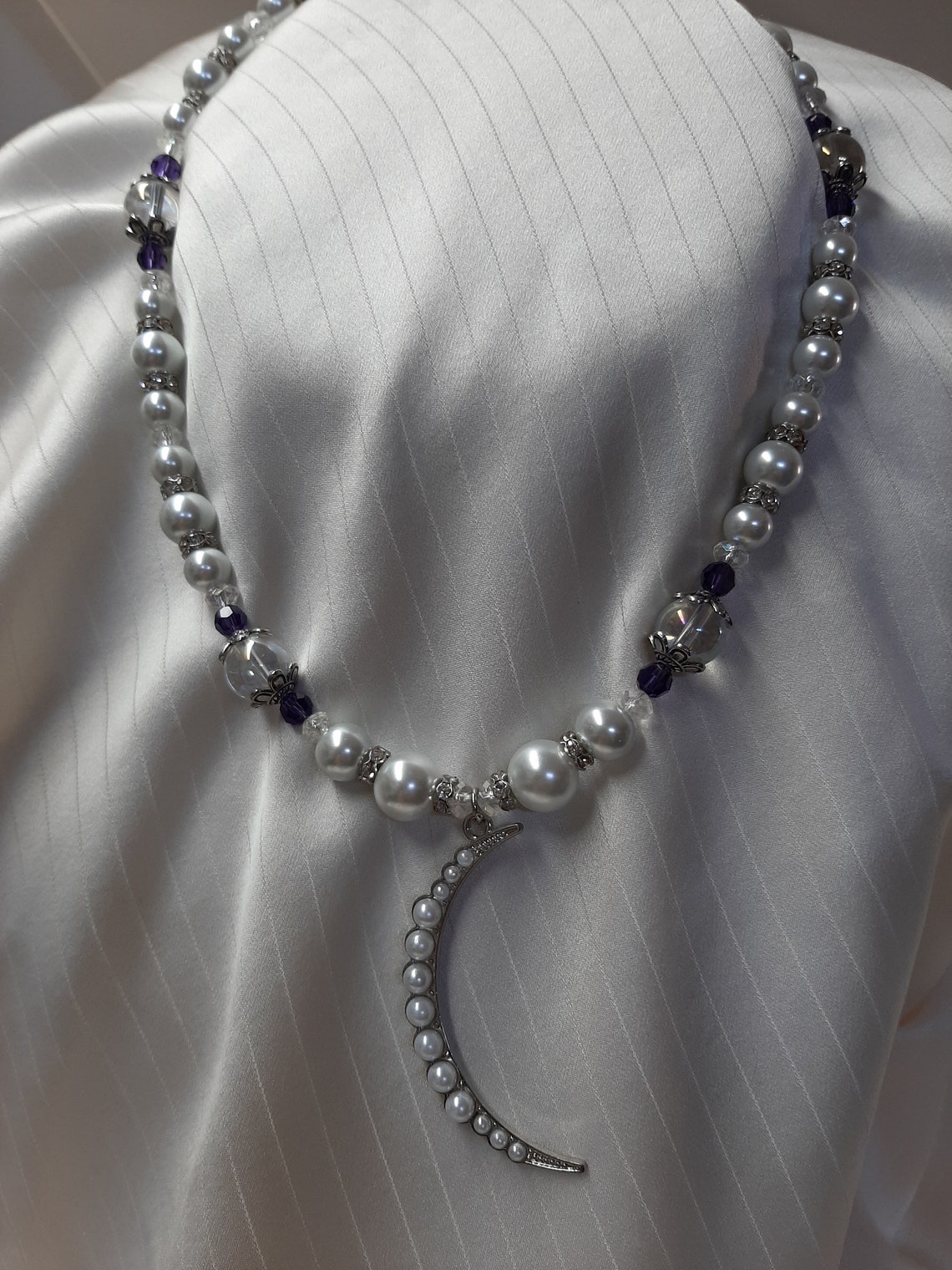 Pearl Moon Pendant on Beaded Necklace Handmade Beaded Necklace With ...