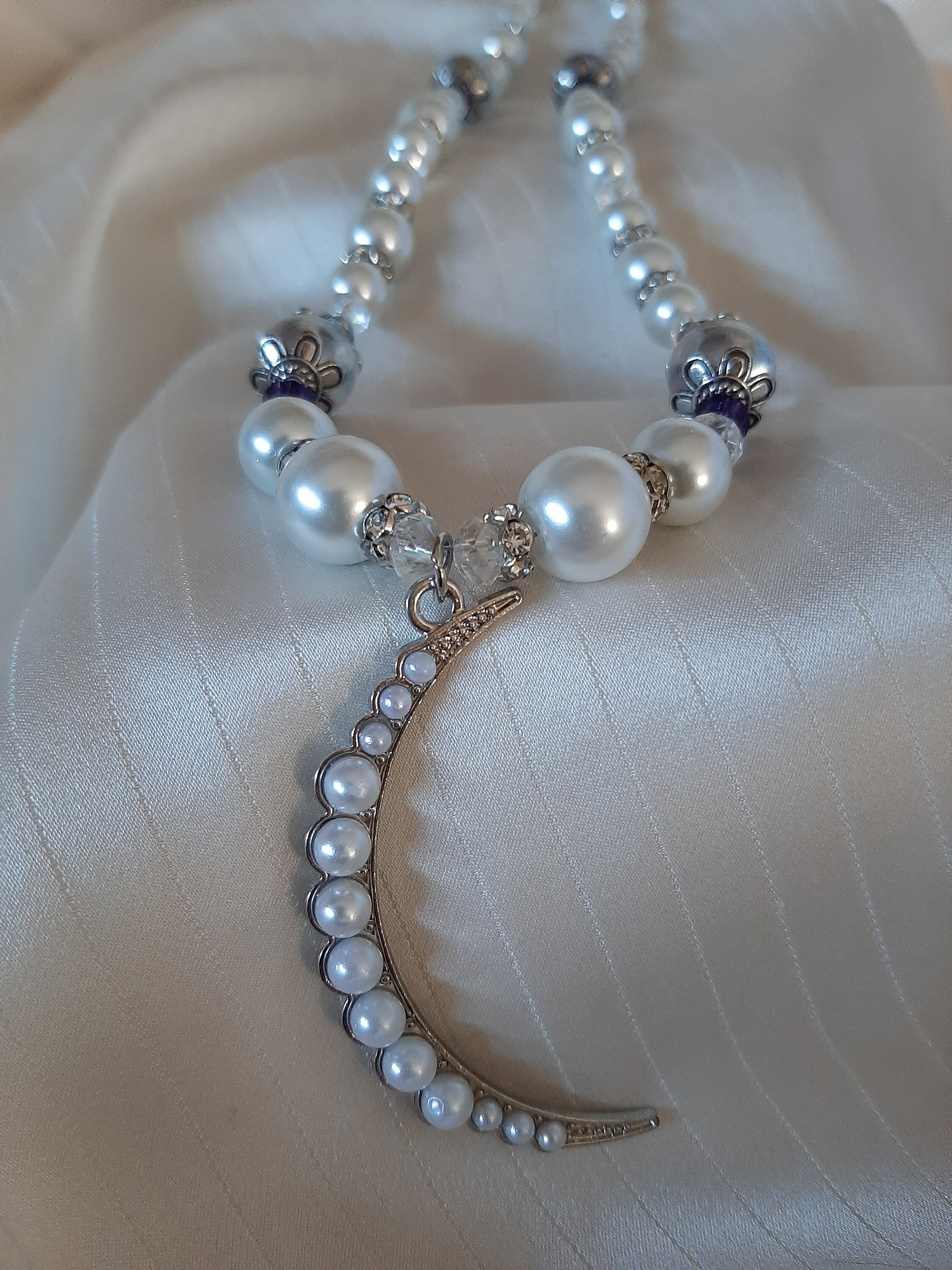 Pearl Moon Pendant on Beaded Necklace Handmade Beaded Necklace With ...