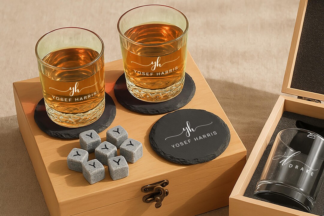 Custom Boxed Whiskey Set, Engraved Bourbon Glasses, Luxury Whiskey Set ...