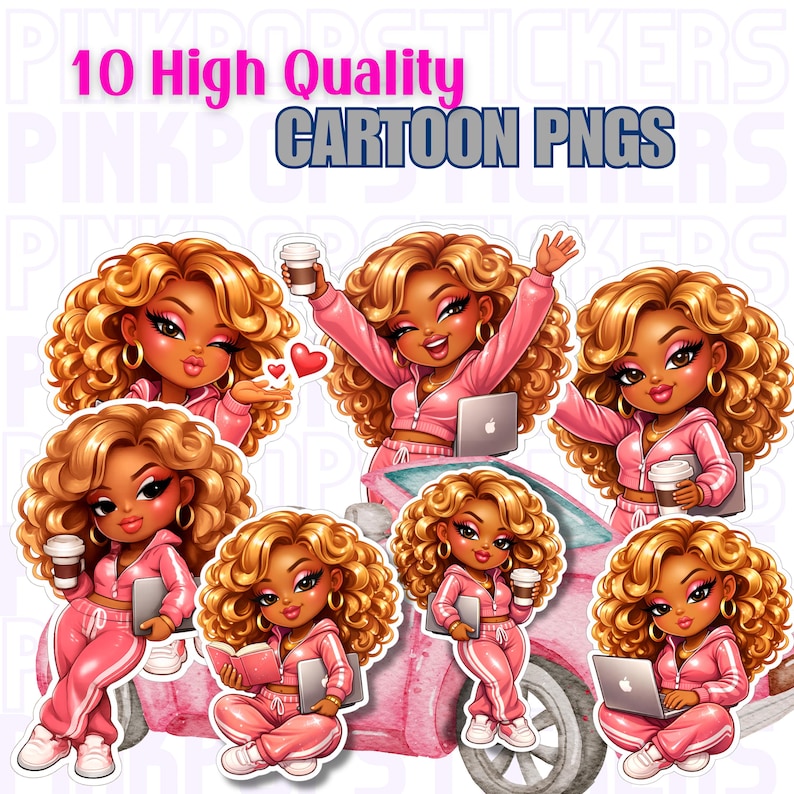 Boss Babe Cartoon PNG Bundle | Afro Glam Bratz Chibi Girl Stickers ...