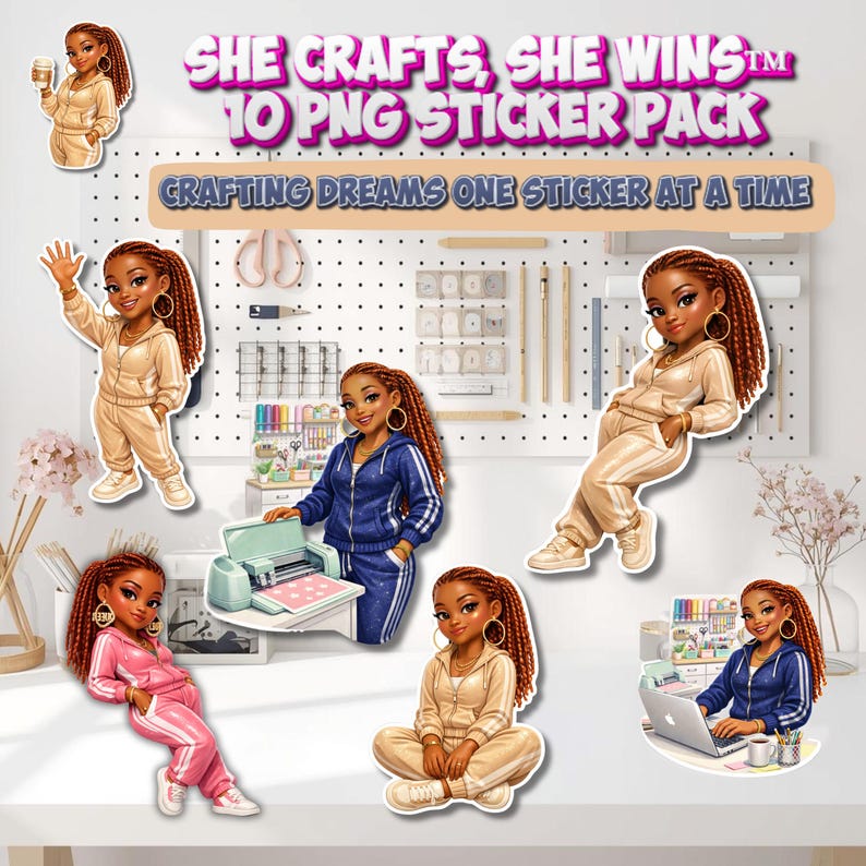 She Crafts She Wins PNG | Black Girl Cricut Stickers | Craft Room PNG ...