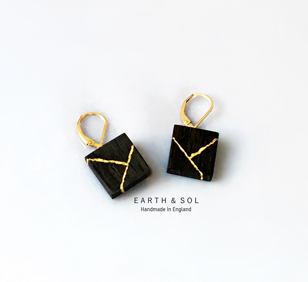 Handmade Kintsugi Earrings: Bog Oak Wood & 22ct Gold Inlay - Etsy