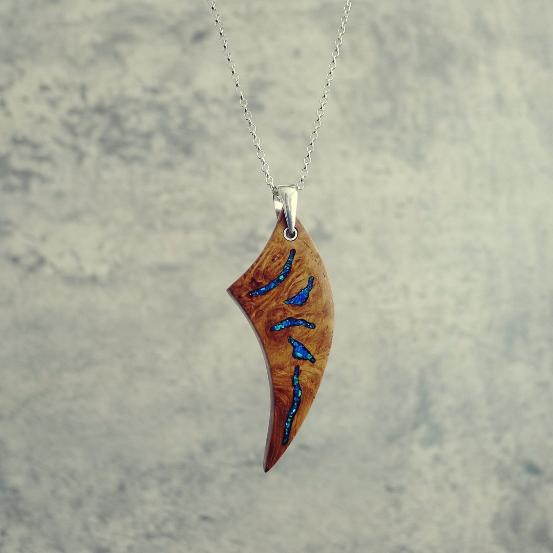 Tusk Tooth Necklace Oak Burr Wood Inlaid With Gemstone or Opal. Burr ...