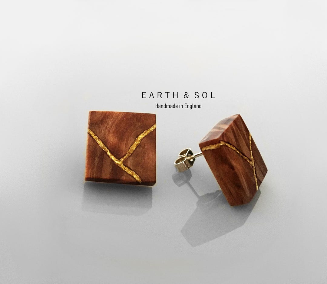 Kintsugi Redwood Earrings With 22ct Gold, Geometric Wood Studs - Etsy