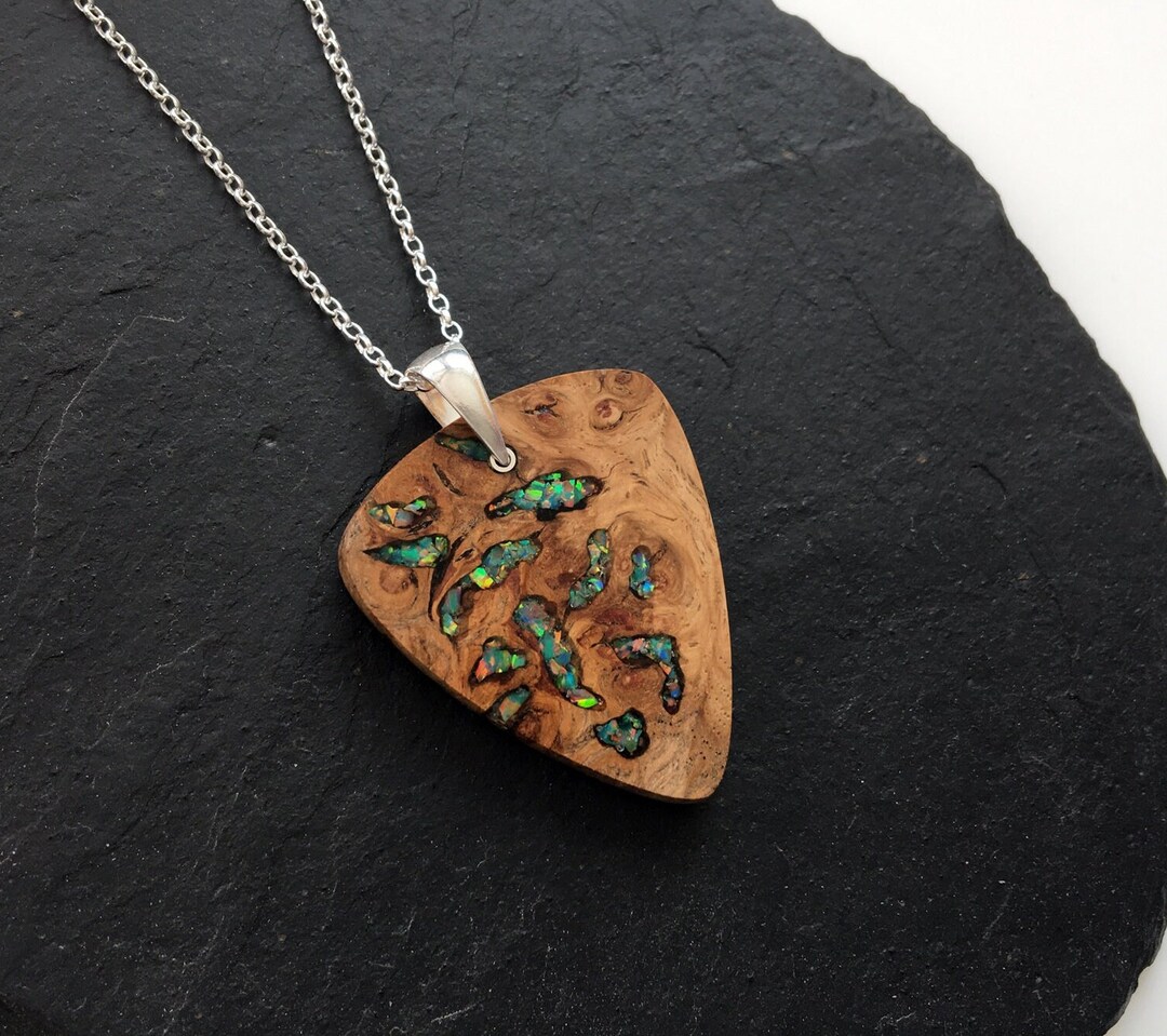 Guitar Plectrum Necklace Oak Burl Wood With Opal Inlay. 5 Year ...