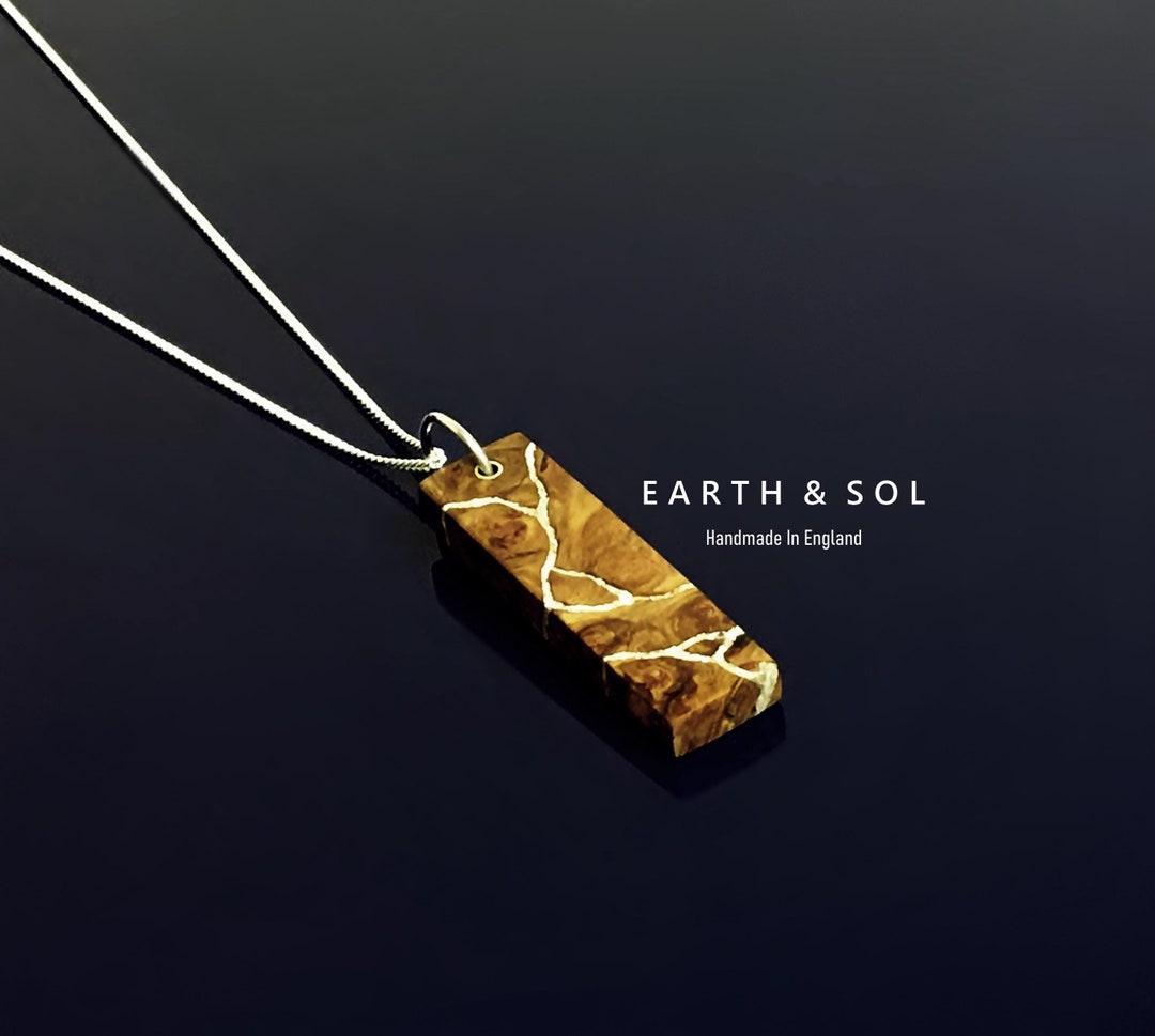 Kintsugi Oak Burr Wood Necklace, Fine Silver Inlay, Japanese Art - Etsy