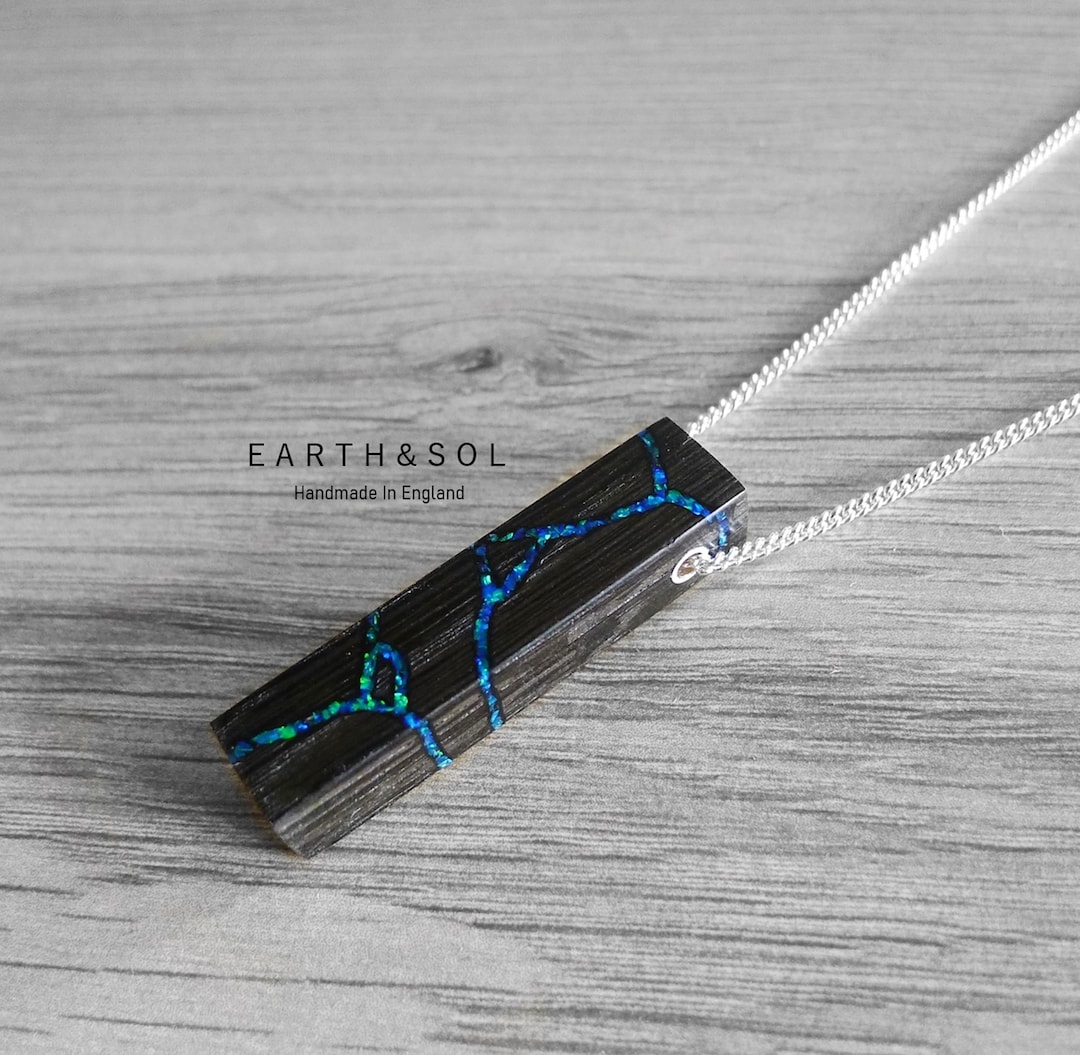Kintsugi Ancient Bog Oak Bar Necklace With Blue Opal Inlay - Etsy