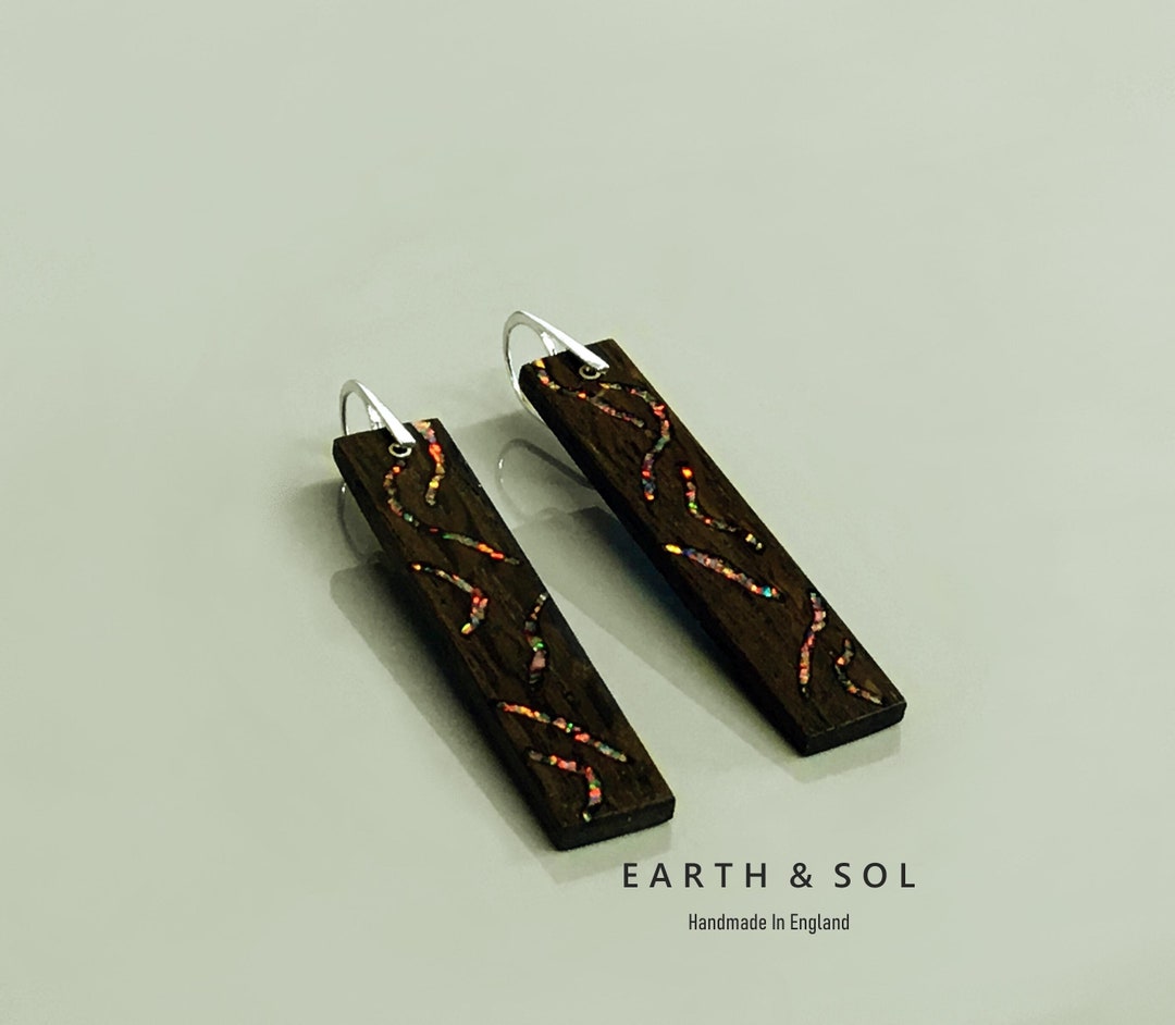 Wood Dangle Earrings. 3200BC Bog Oak Wood, Opal Inlay & Sterling Silver ...