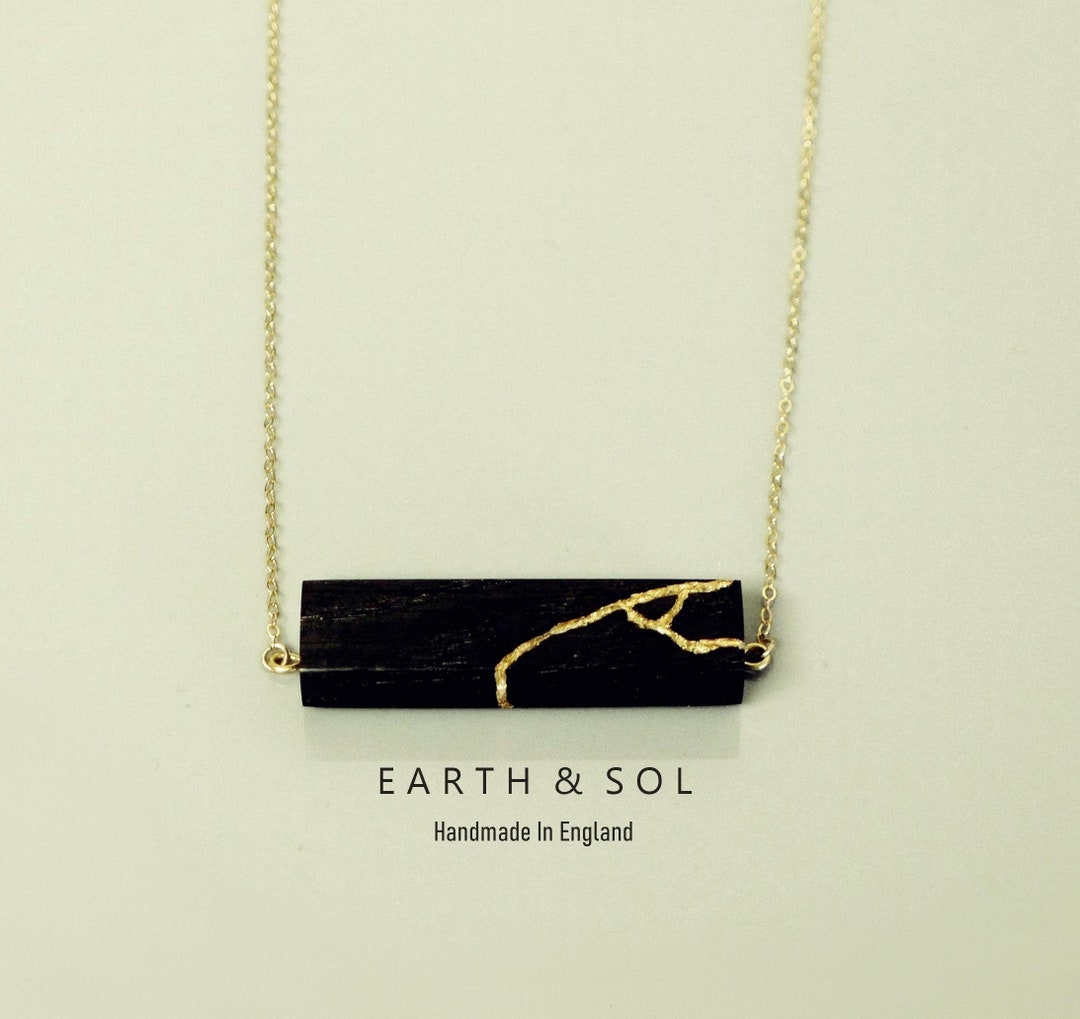 Kintsugi Necklace Inlaid With 22ct Gold. Handmade From Ancient Bog Oak ...