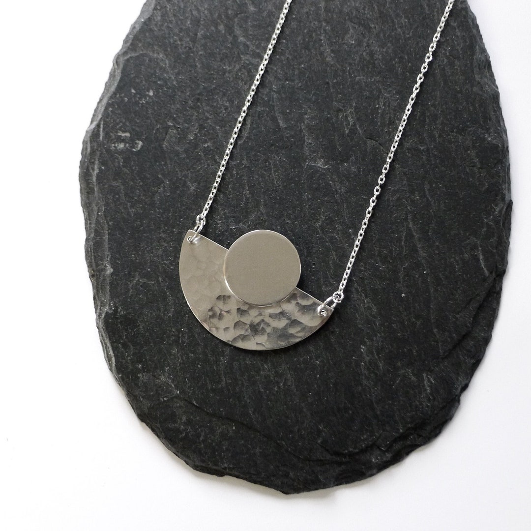Silver Half Moon, Half Circle Necklace. Sterling Silver Hammered Finish ...